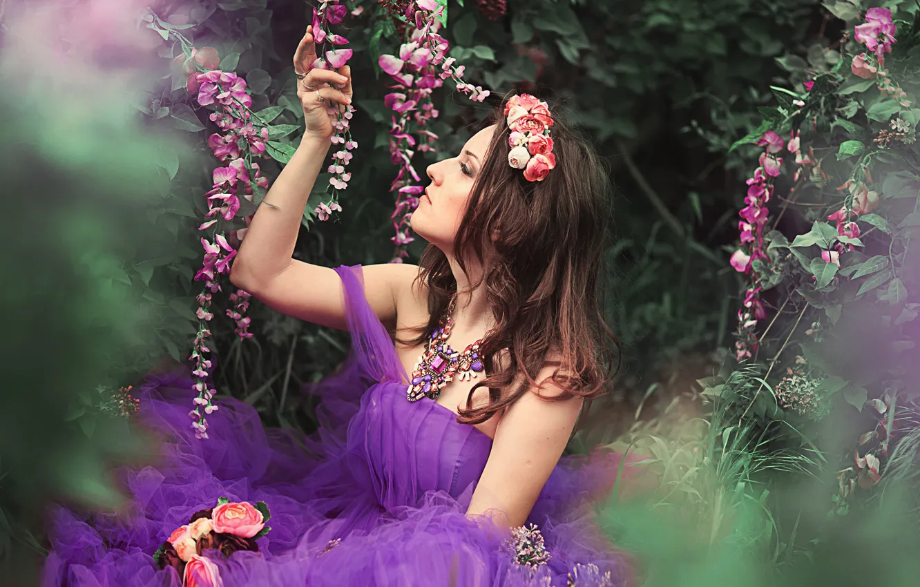 Wallpaper Look Girl Flowers Pose Dress Brown Hair For Mobile And