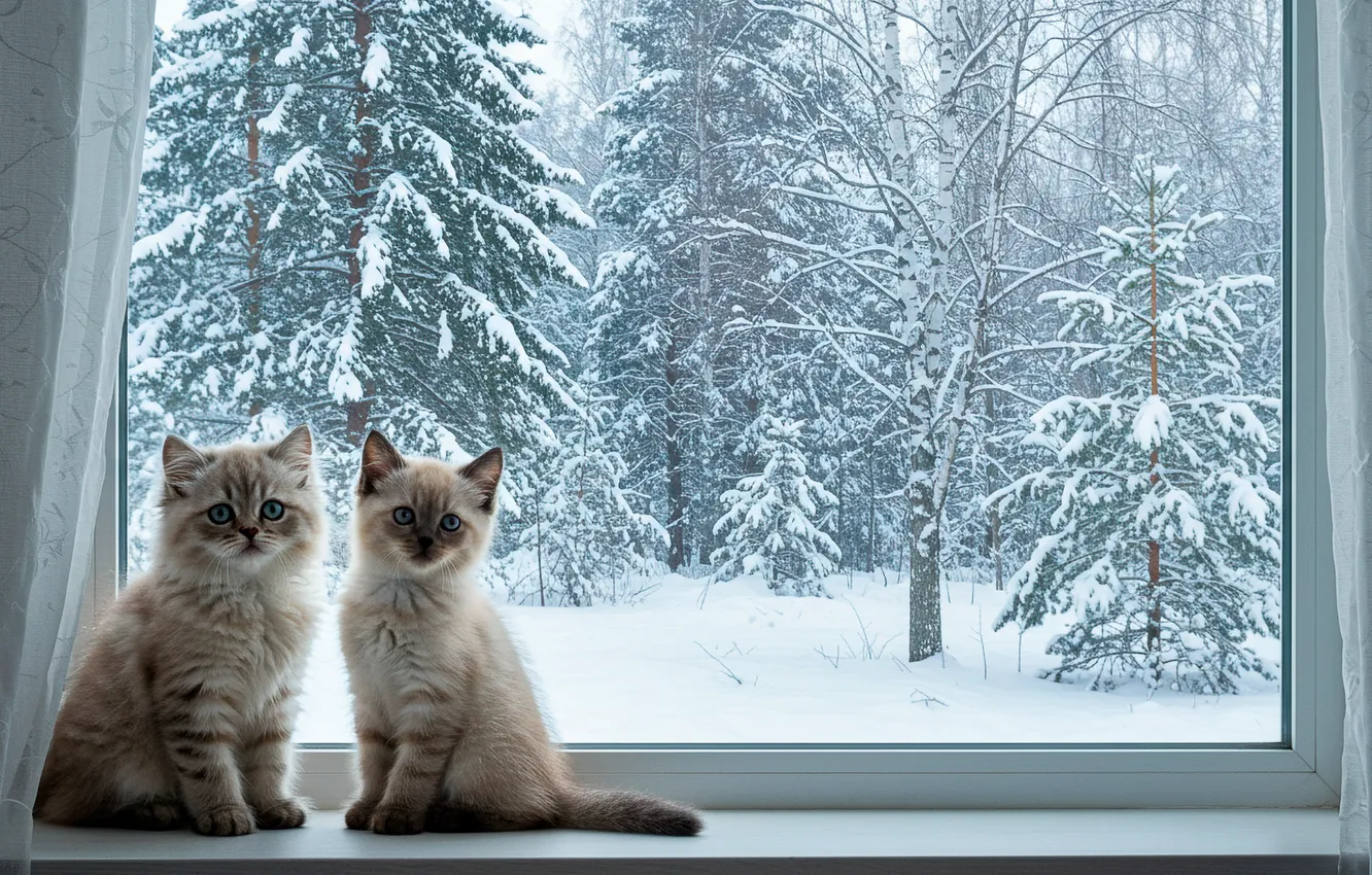 Wallpaper forest, snow, window, kittens for mobile and desktop, section ...
