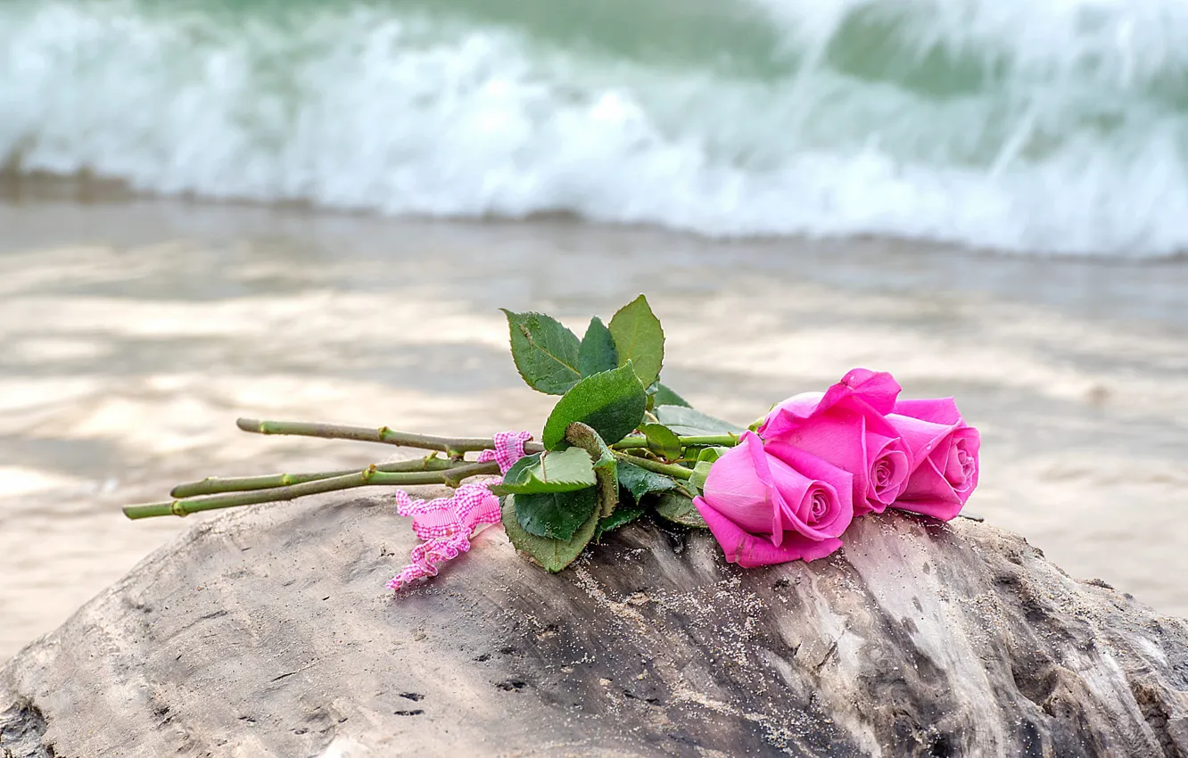 Wallpaper sand, sea, wave, flowers, shore, roses, bouquet, pink for ...