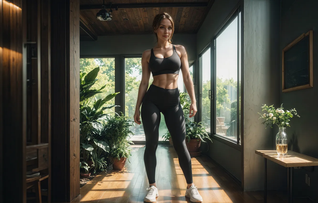 Wallpaper long hair, women, brunette, leggings, wavy hair, depth of field, Stable Diffusion, AI ...