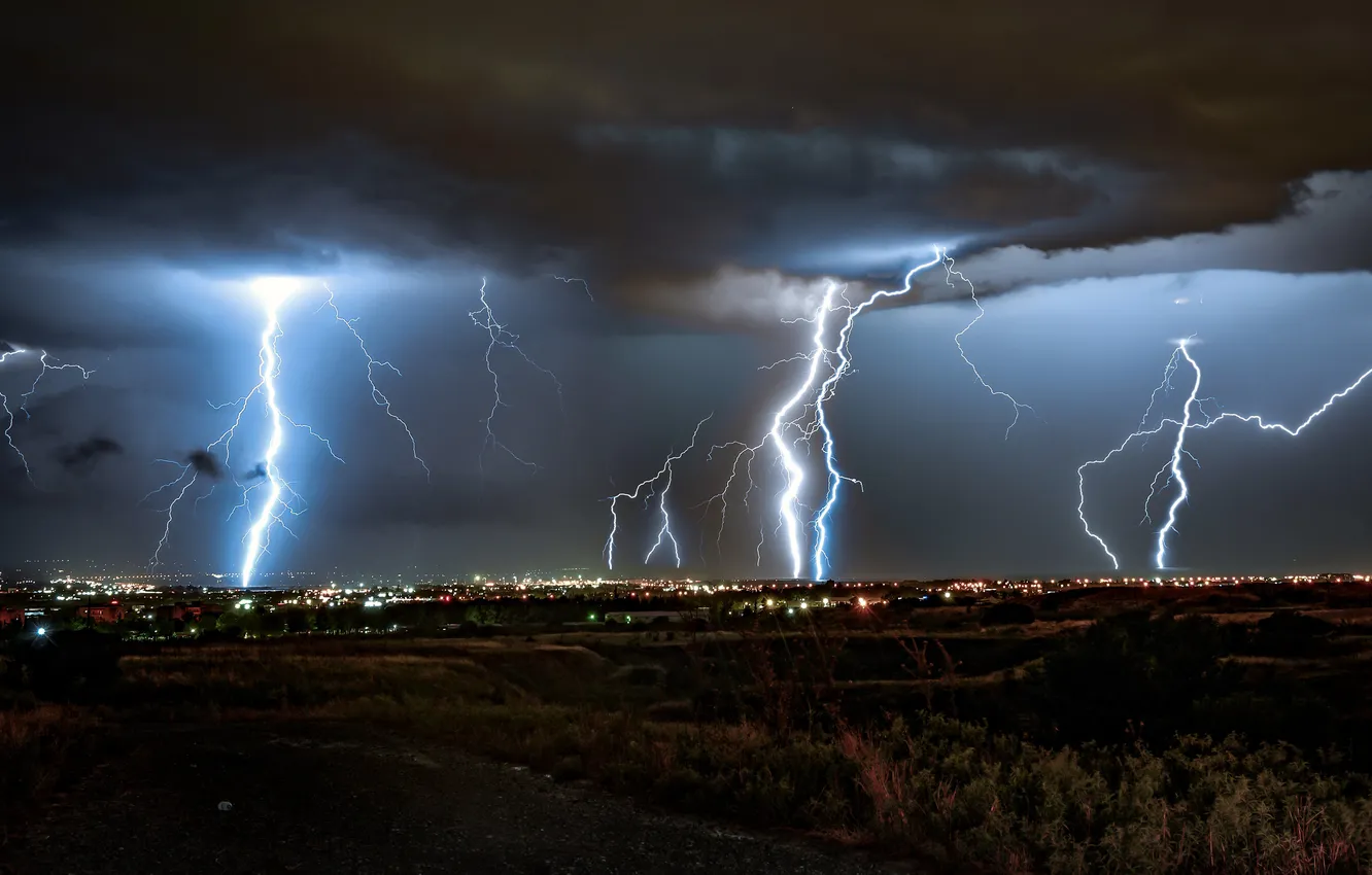 Wallpaper the storm, field, the sky, night, clouds, lights, darkness ...