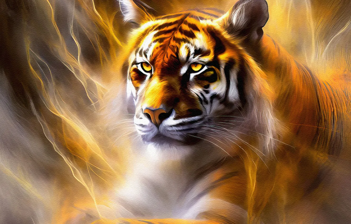 Wallpaper look, face, tiger, glow, painting, imitation painting, AI art ...