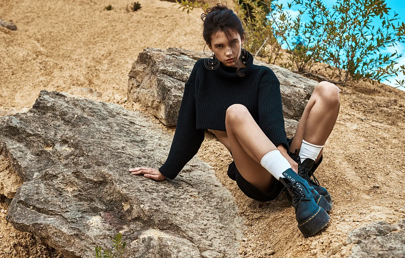 Wallpaper look, girl, pose, feet, brunette, sweater, Ankle boots for ...