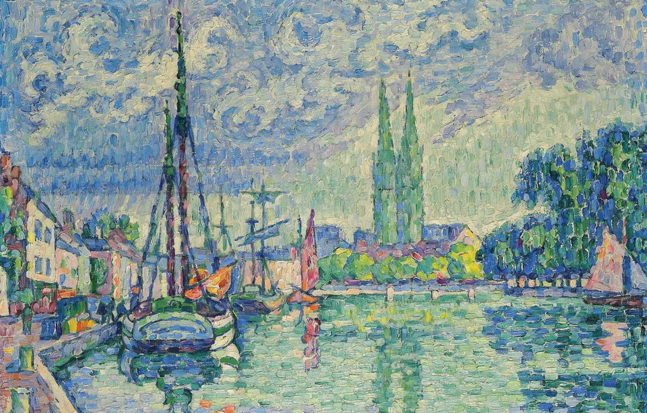 Wallpaper ship, picture, pier, Paul Signac, pointillism, The Odet at ...