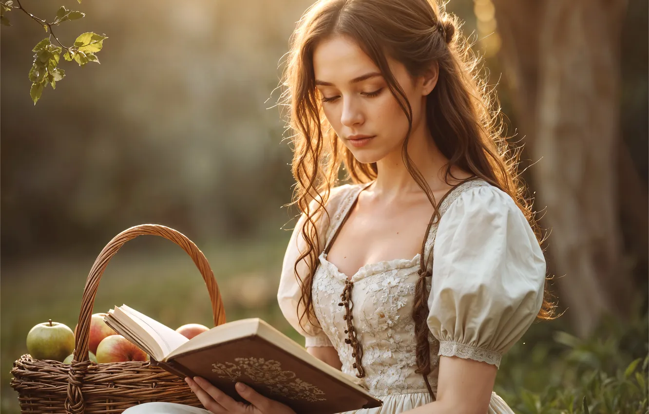 Wallpaper girl, light, nature, pose, tree, glade, apples, morning for mobile and desktop ...