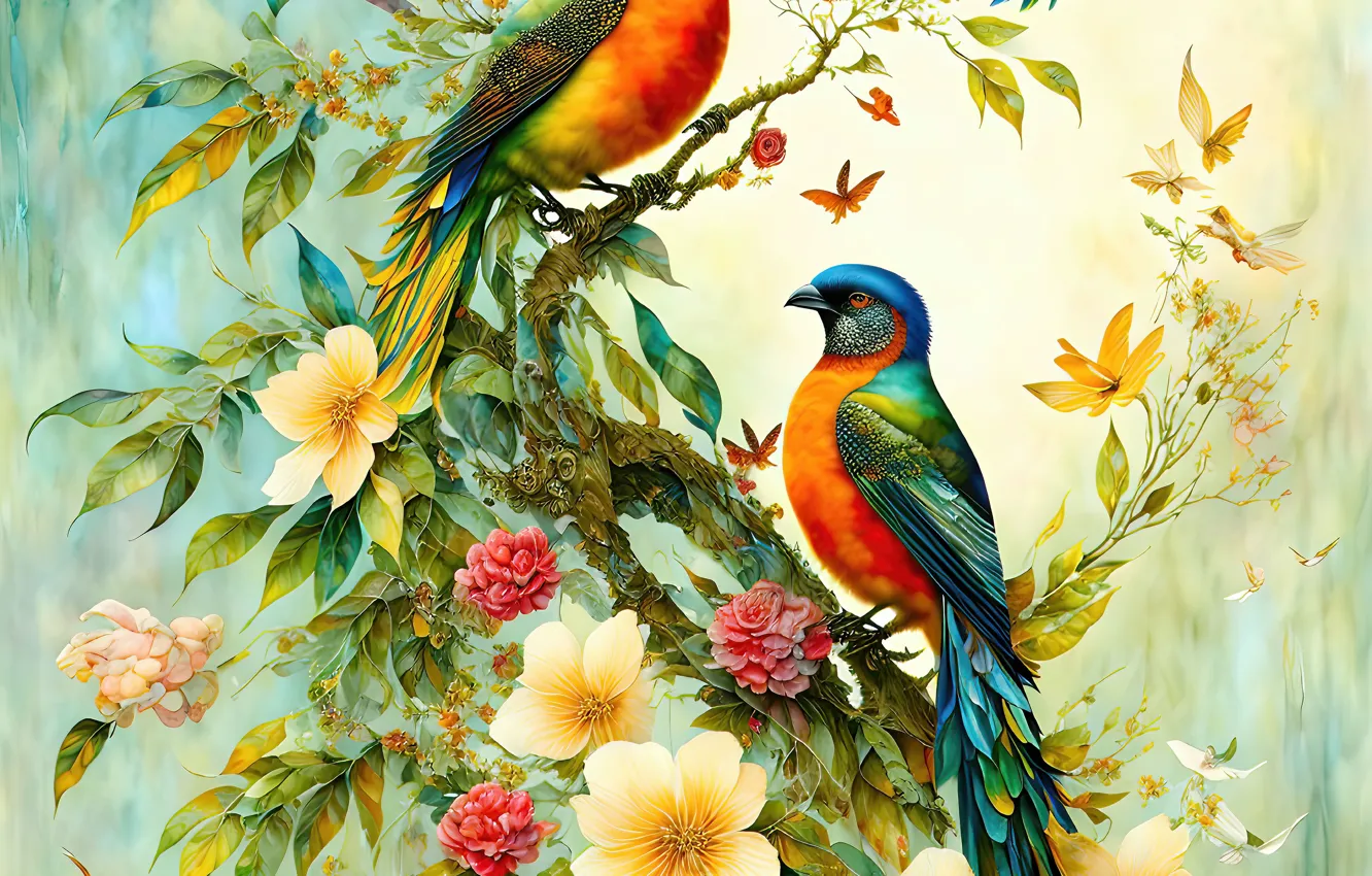Wallpaper flowers, branches, bird, graphics, art, digital painting ...