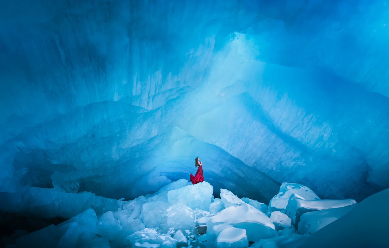 Wallpaper cold, ice, winter, girl, nature, pose, ice, cave for mobile ...