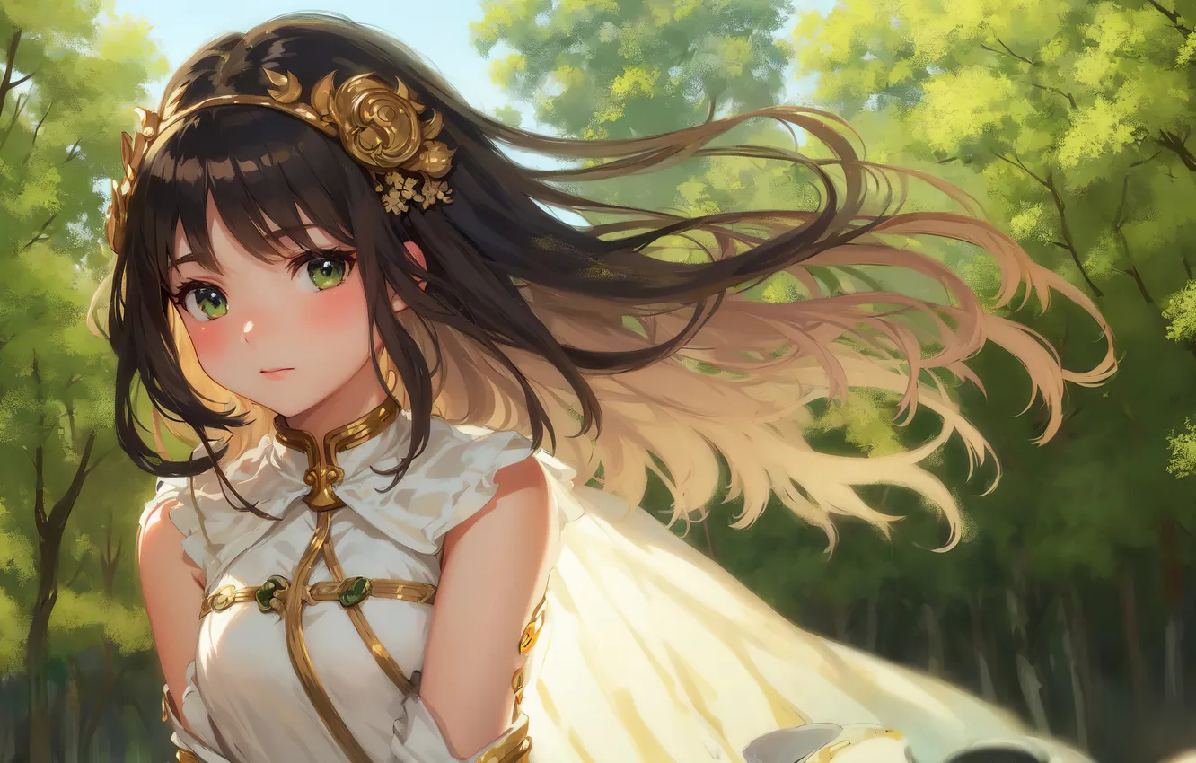 Wallpaper girl, green eyes, nature, anime, painting, digital art ...