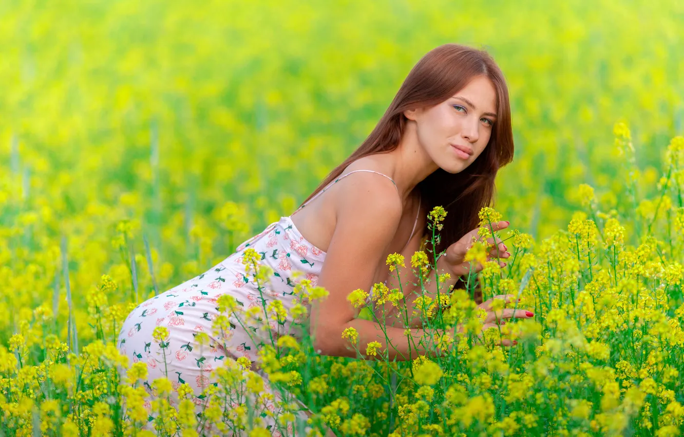 Wallpaper long hair, field, model, brunette, countryside, gorgeous ...