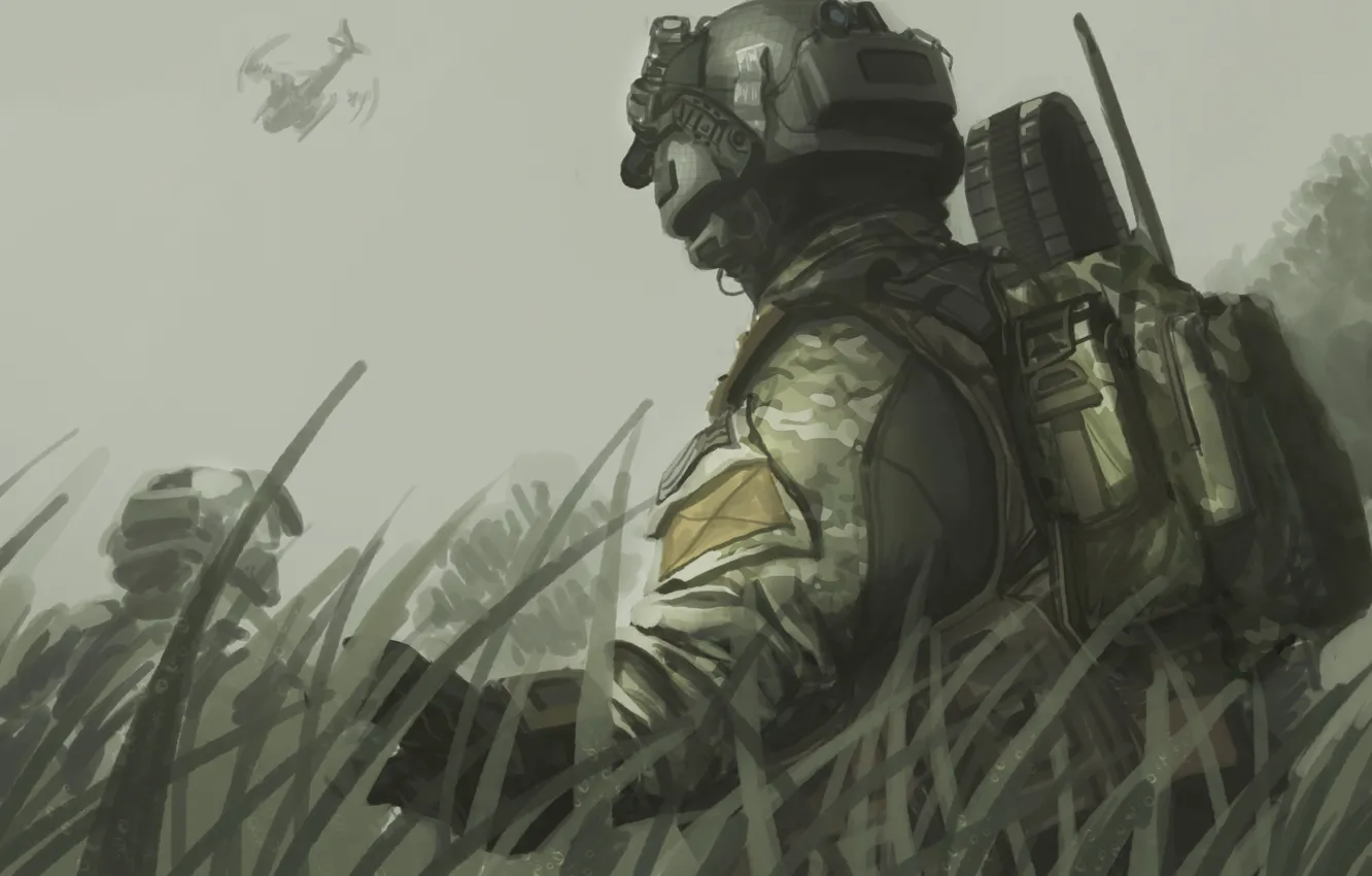 Wallpaper the sky, grass, figure, art, helicopter, helmet, Call of Duty ...