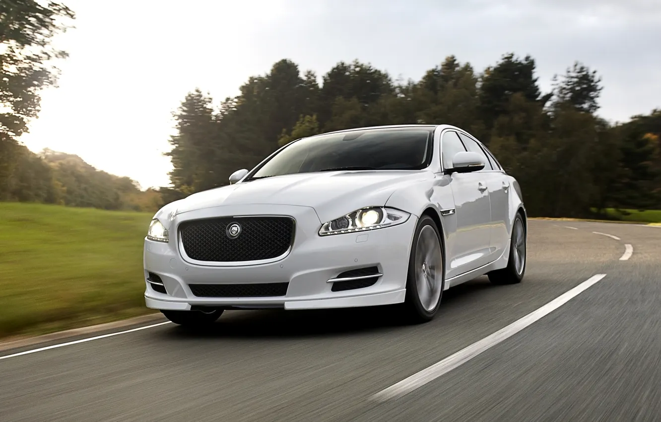 Wallpaper road, forest, white, the sky, Jaguar, sedan, jaguar, the front for mobile and desktop ...