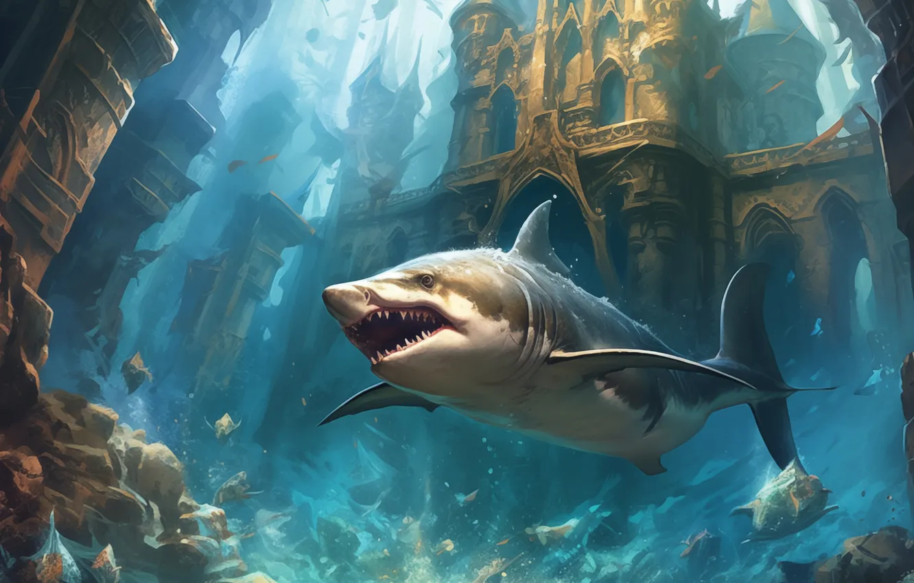 Wallpaper building, predator, shark, teeth, mouth, underwater world ...