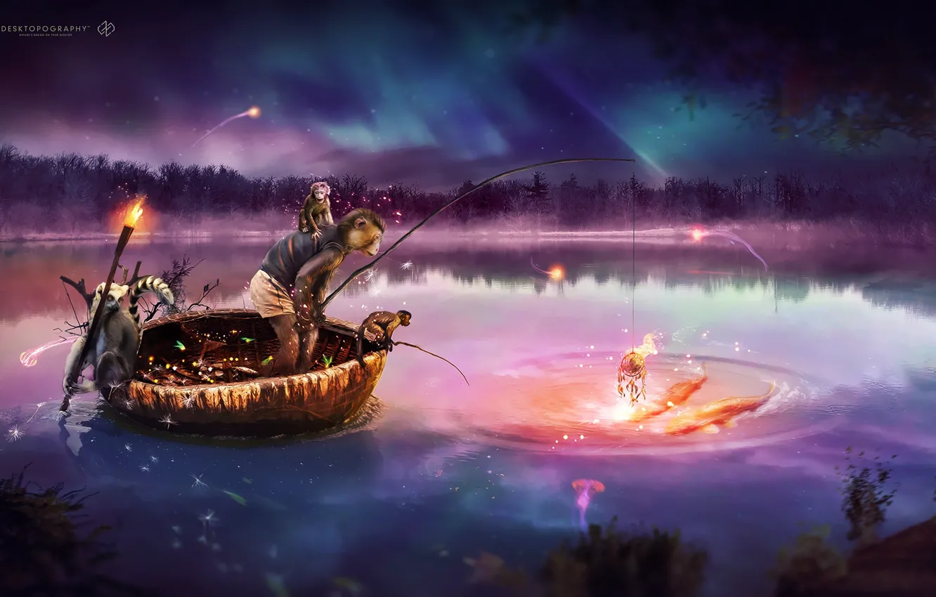Wallpaper dream, monkey, water, night, desktopography, fish, boat ...