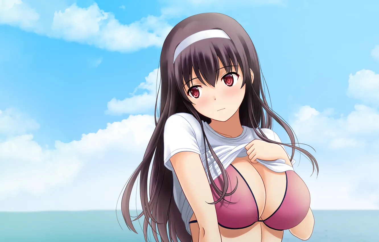 Wallpaper girl, sexy, cleavage, beach, sky, long hair, sea, brown hair for mobile and desktop ...