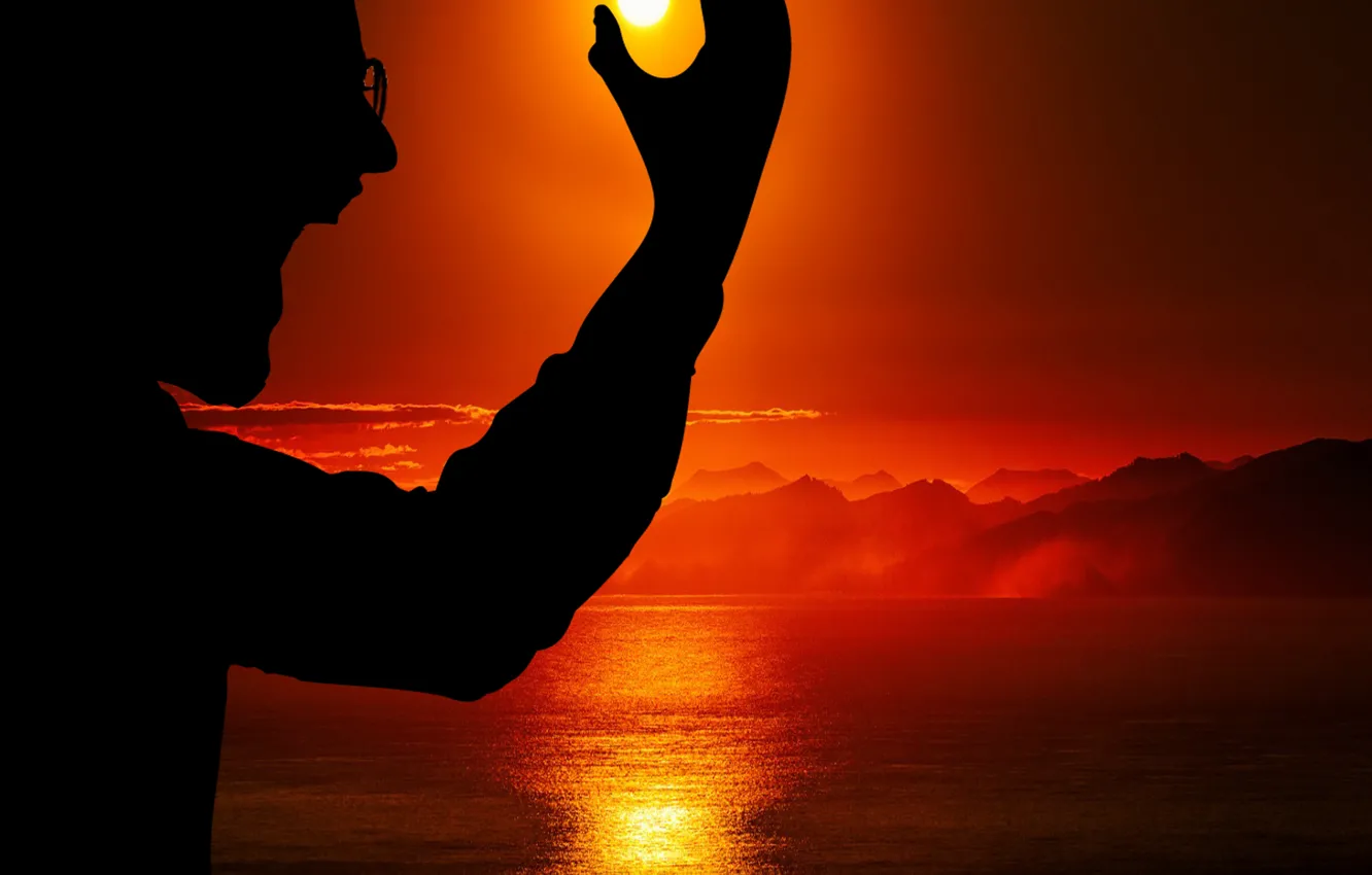 Wallpaper moon, sky, sea, clouds, man, sunset horizon for mobile and ...