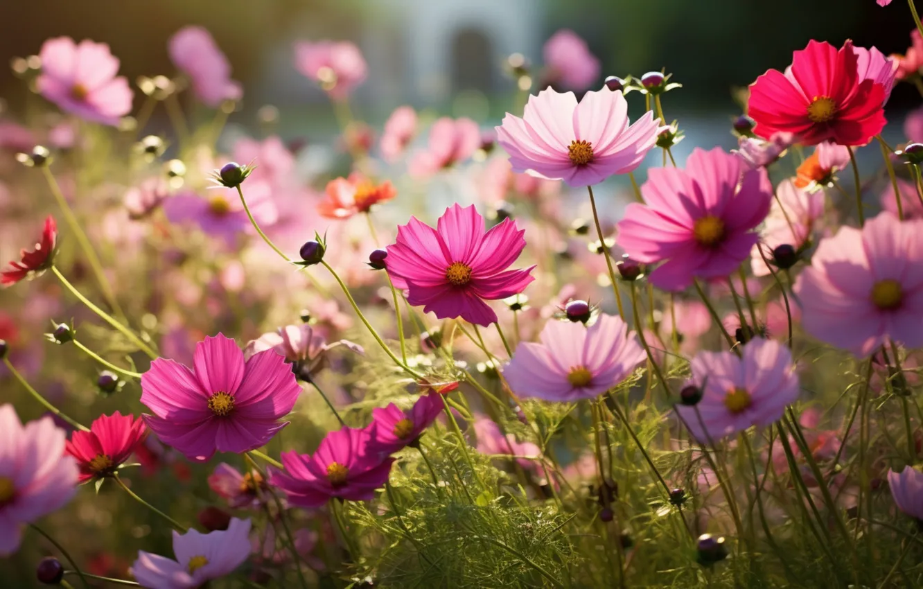 Wallpaper summer, space, flowers, nature, glade, garden, kosmeya ...