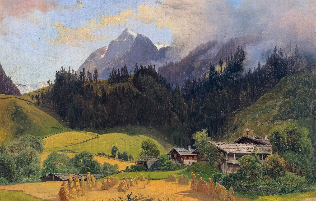 Wallpaper trees, mountains, home, picture, Austrian painter, Joseph ...