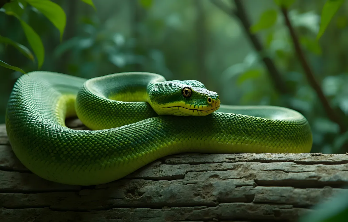 Wallpaper forest, leaves, branches, snake, Python, log, green, AI art ...