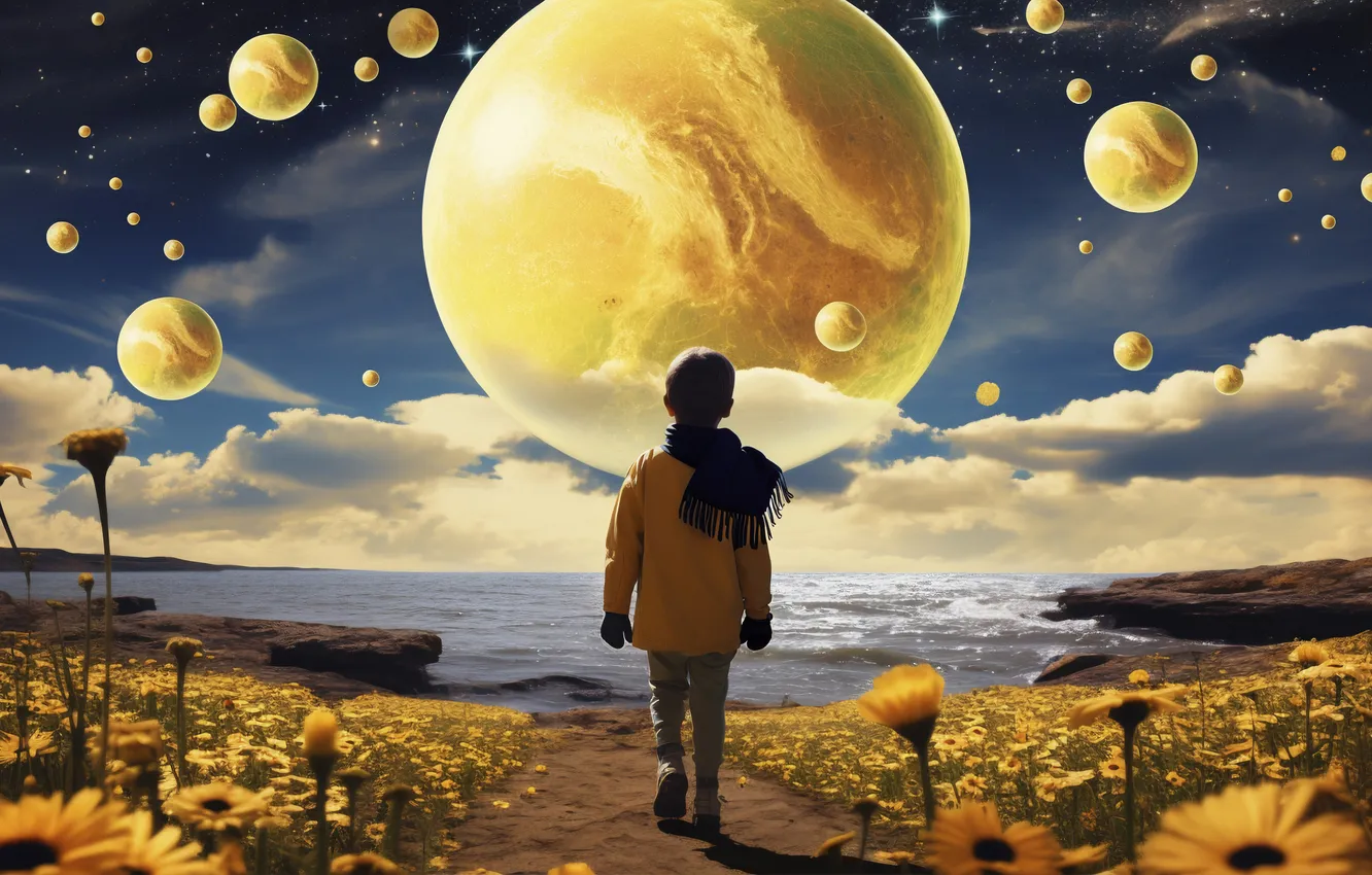 Wallpaper flowers, creative, coast, planet, boy, back, digital art, AI ...