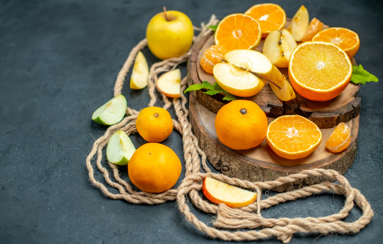 Wallpaper apples, orange, rope, fruit, stand, tangerines for mobile and ...