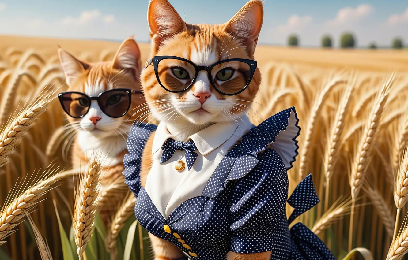 Wallpaper wheat, field, cat, cat, glasses for mobile and desktop ...