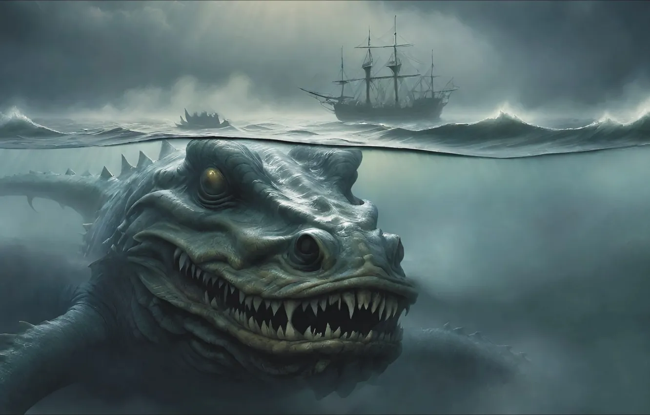 Wallpaper the ocean, monster, mouth, fangs, monster, ocean, art ...