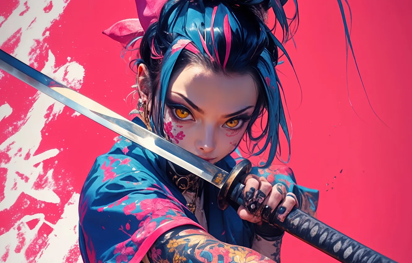 Wallpaper girl, katana, pink background, AI Art for mobile and desktop, section ии арт ...