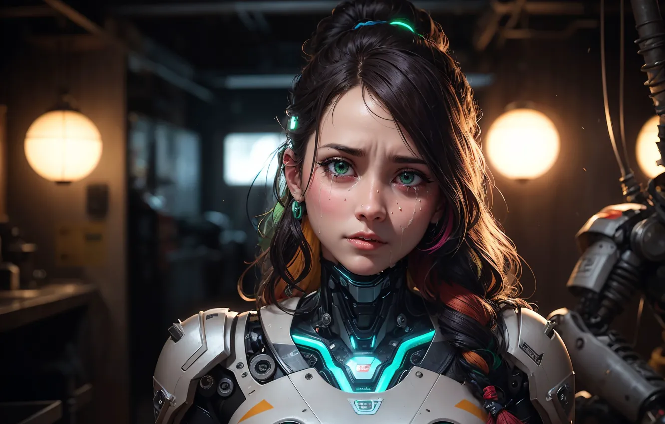 Wallpaper girl, steel, robot, brunette, armor, cyborg, tears, green ...