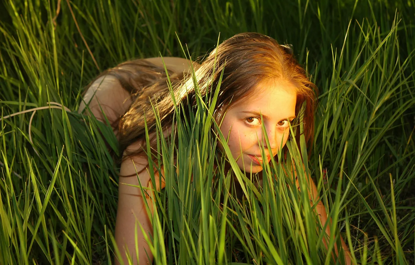 Wallpaper Girl Grass Sexy Long Hair Nature Smile Beautiful