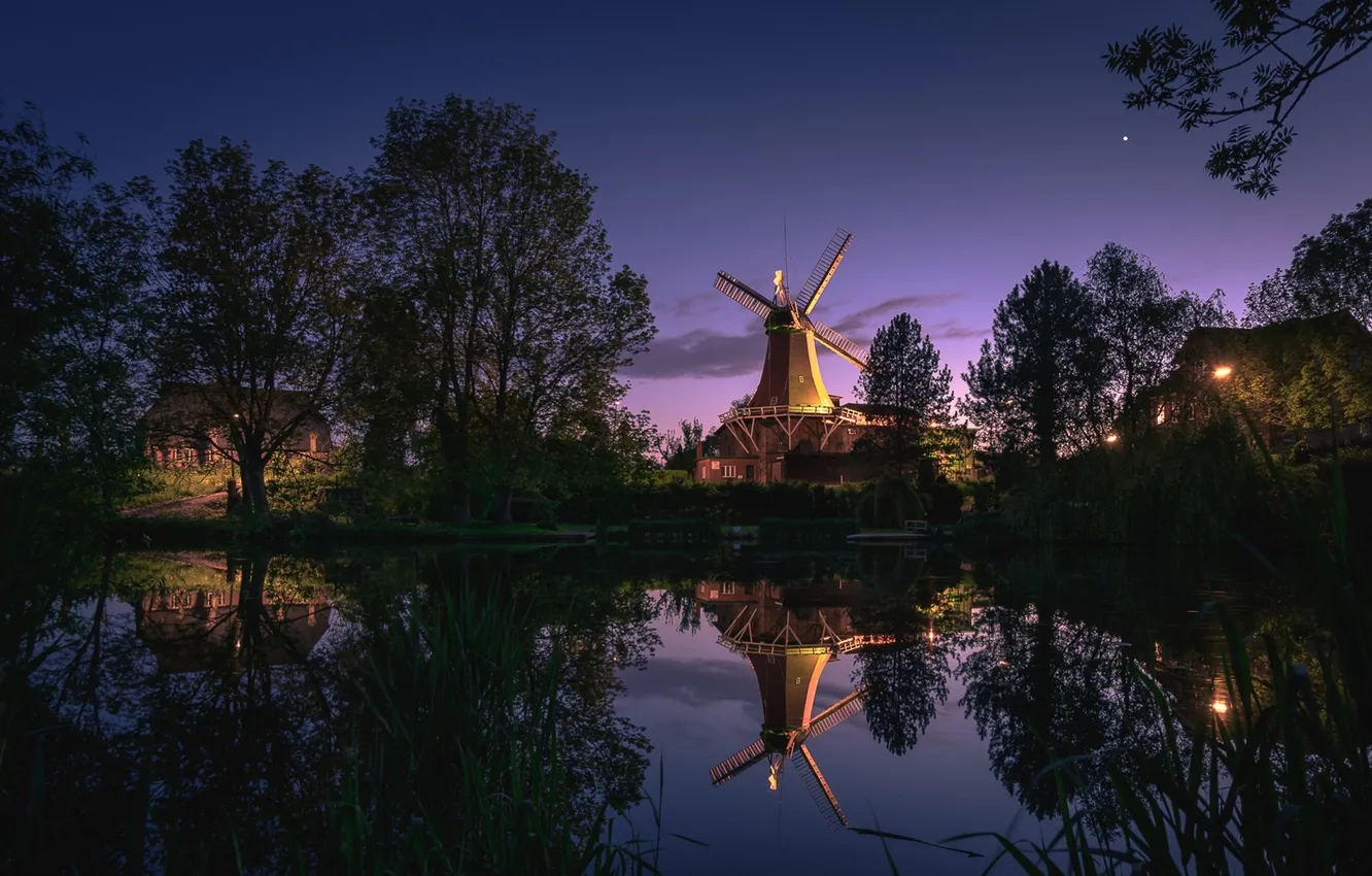 Wallpaper light, landscape, night, nature, mill for mobile and desktop ...