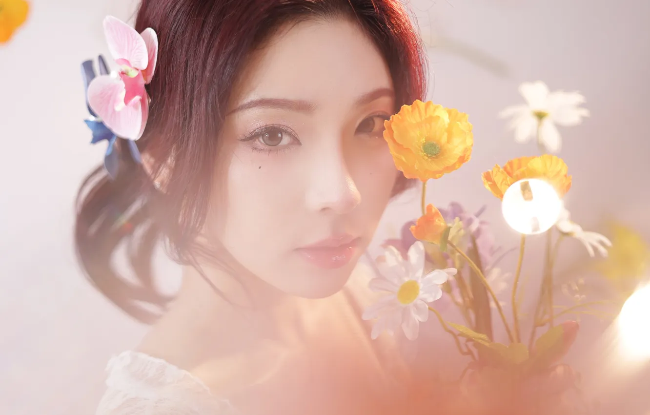 Wallpaper Beautiful, Asian, Model, Flowers, Woman, Bouquet, Cute ...