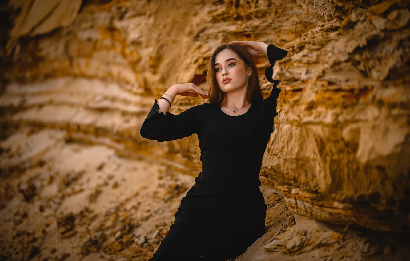 Wallpaper girl, pose, hands, makeup, figure, dress, long hair ...