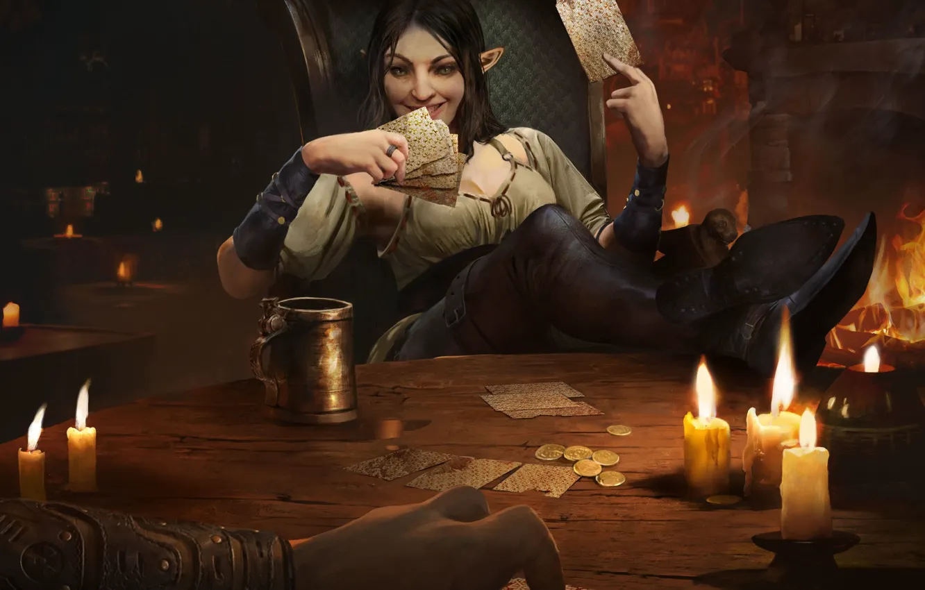 Wallpaper girl, fantasy, game, green eyes, elf, artwork, candles, table ...