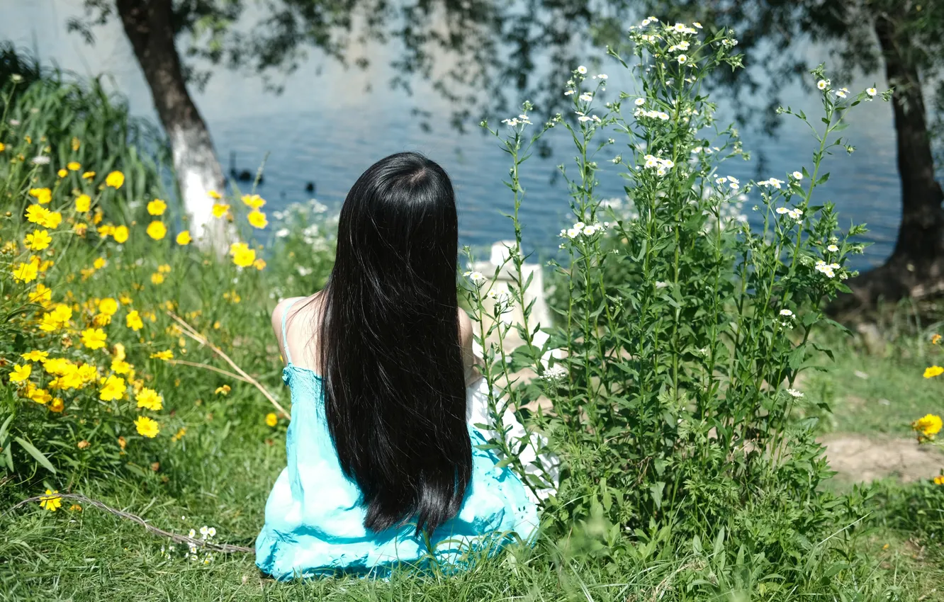 Wallpaper grass, trees, woman, water, flowers, lake, model, asian for ...