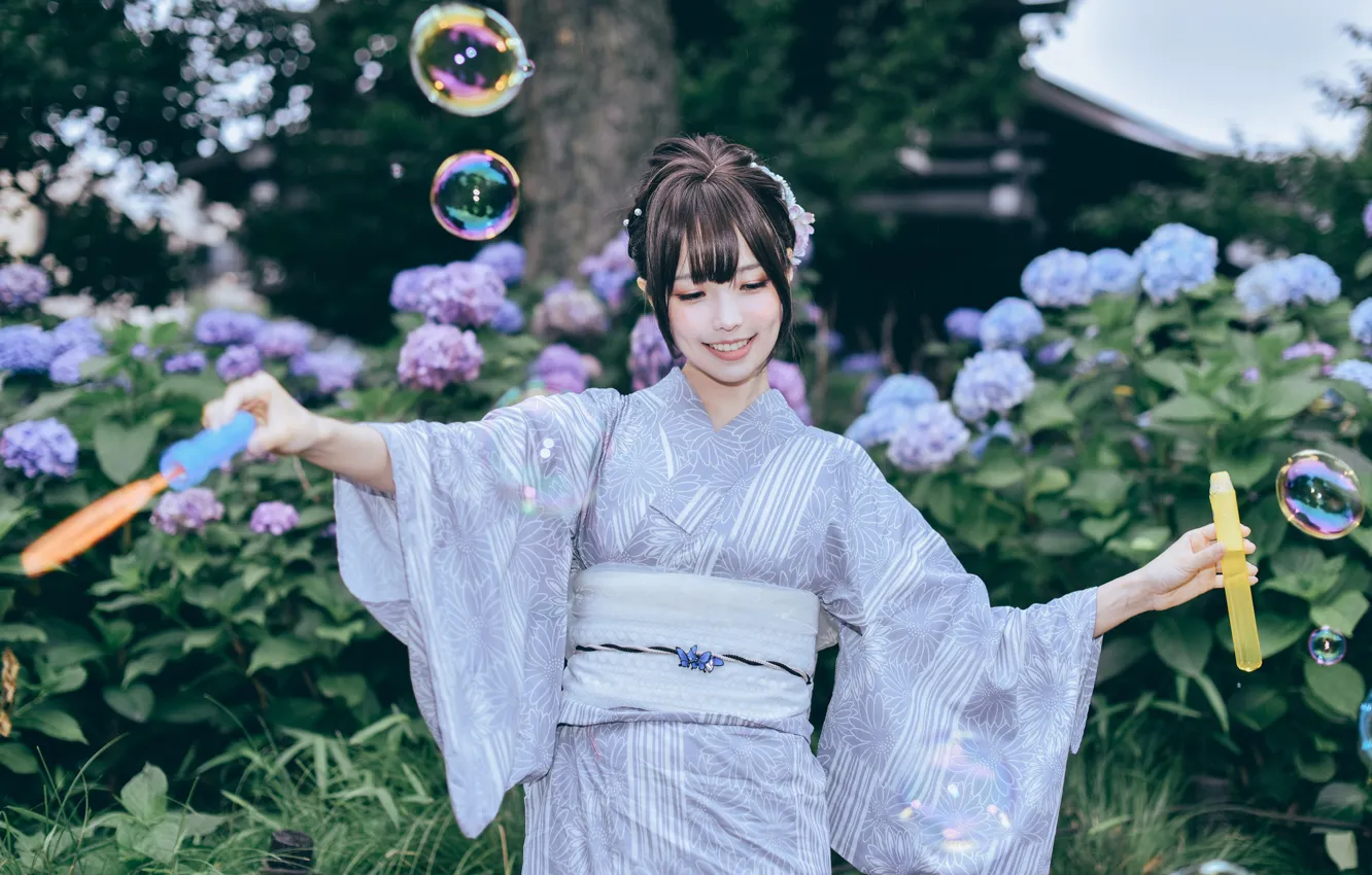 Wallpaper girl, positive, bubbles, girl, kimono, Asian, good mood ...