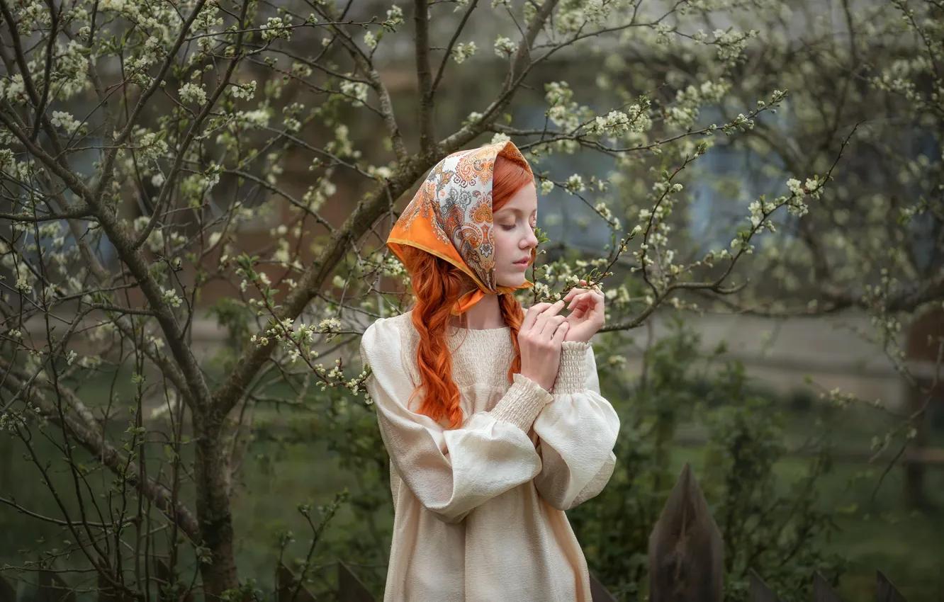 Wallpaper girl, trees, flowers, nature, spring, shawl, Photographer ...