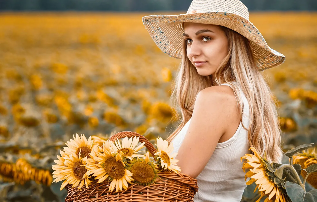 Wallpaper sunflowers, hat, blonde, basket, Lucie for mobile and desktop, section девушки ...
