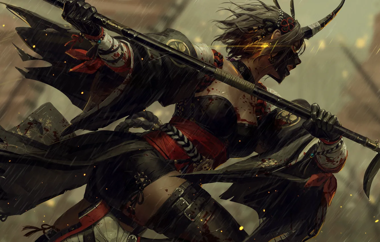 Wallpaper girl, weapons, rain, mask, horns, the battle, Guweiz for ...