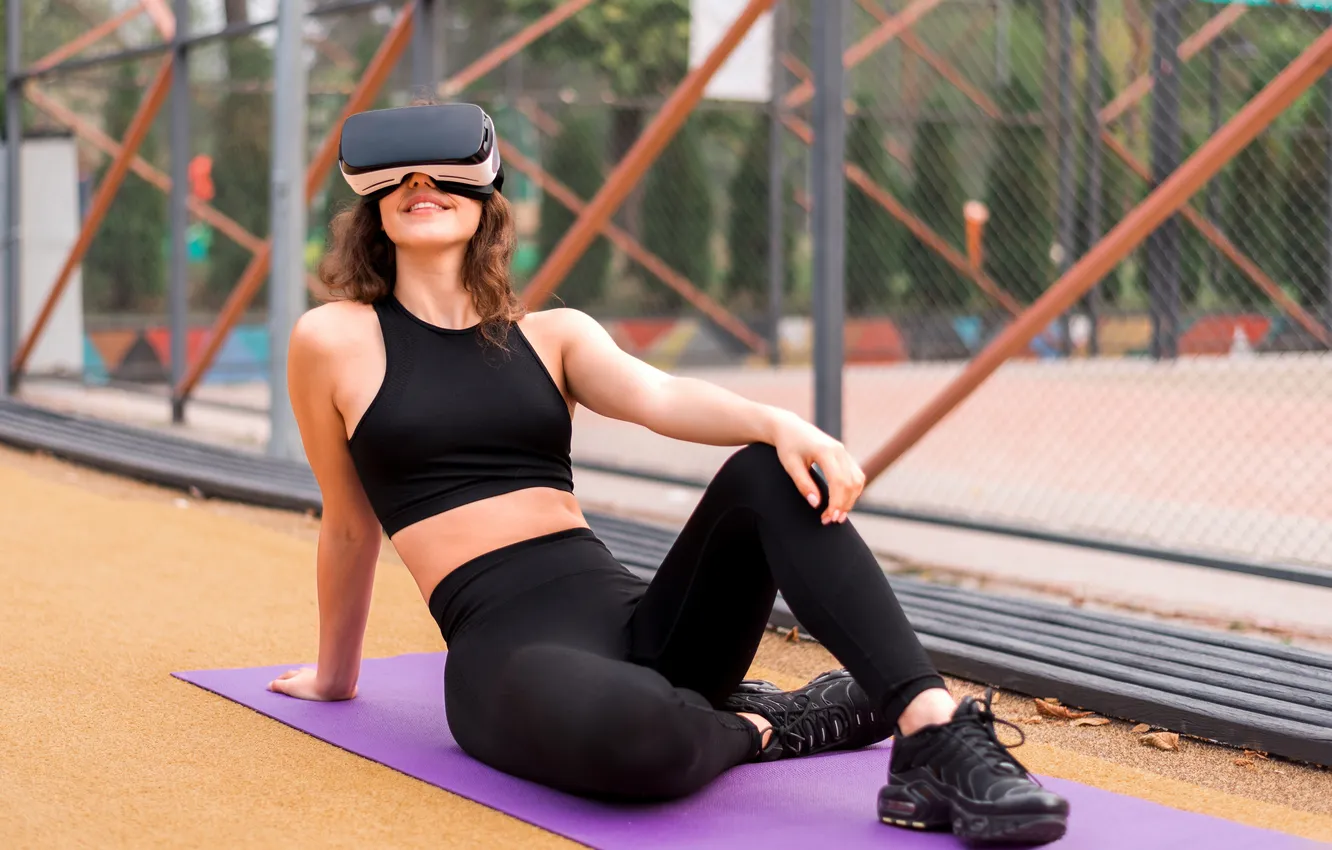 Wallpaper woman, smiling, yoga, Tracksuit, vr-headset for mobile and ...