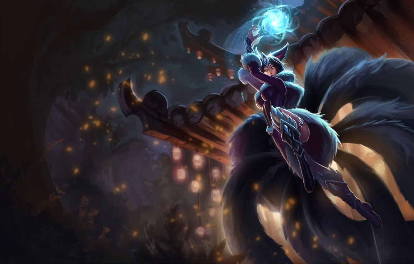 Wallpaper roof, girl, night, magic, art, lights, ears, League of ...