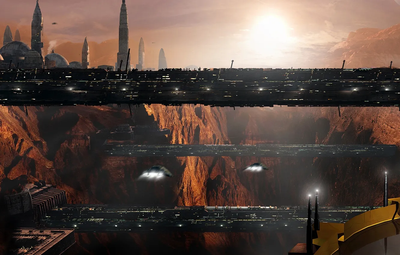 Wallpaper the sky, sunset, machine, bridge, the city, future, fiction ...