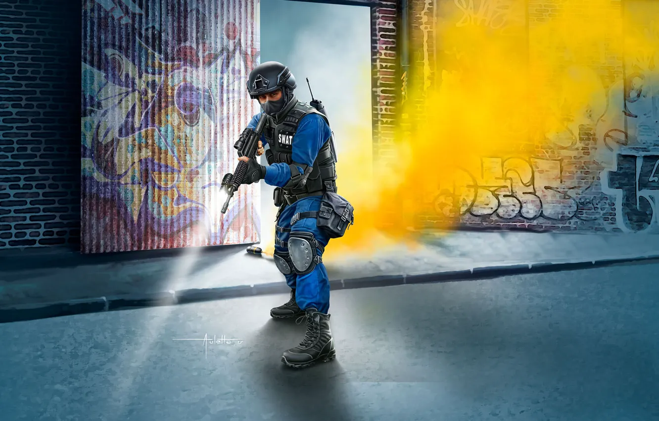 Wallpaper USA, SWAT, painting, Officer, M4, tactical vest for mobile ...