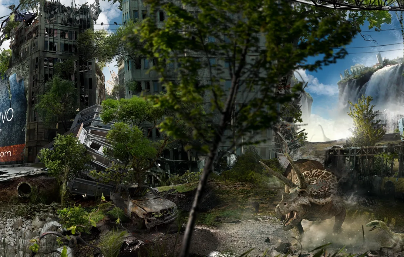 Wallpaper the city, building, devastation, dinosaurs, postapokalipsis ...