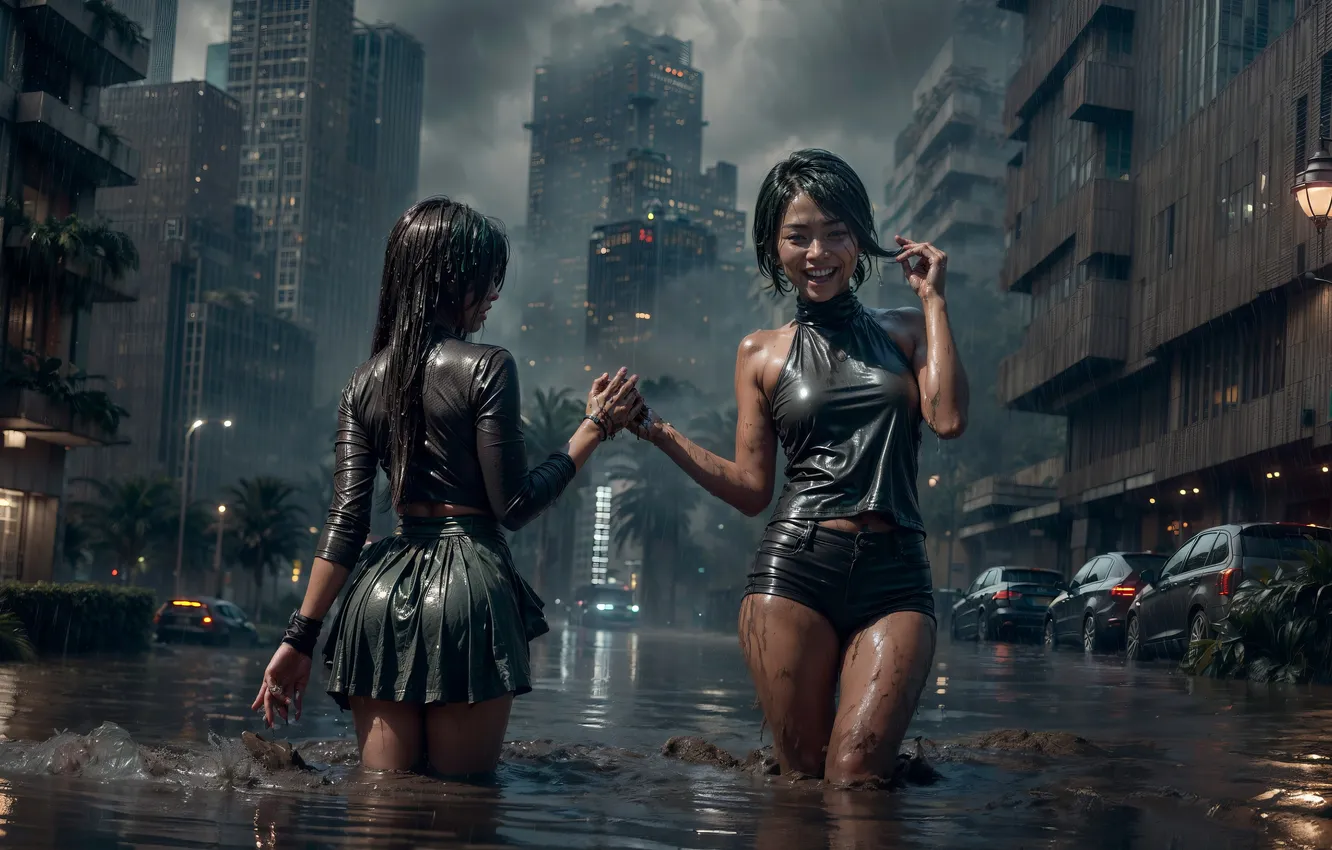 Wallpaper water, joy, positive, skyscrapers, puddle, Asian, asian ...