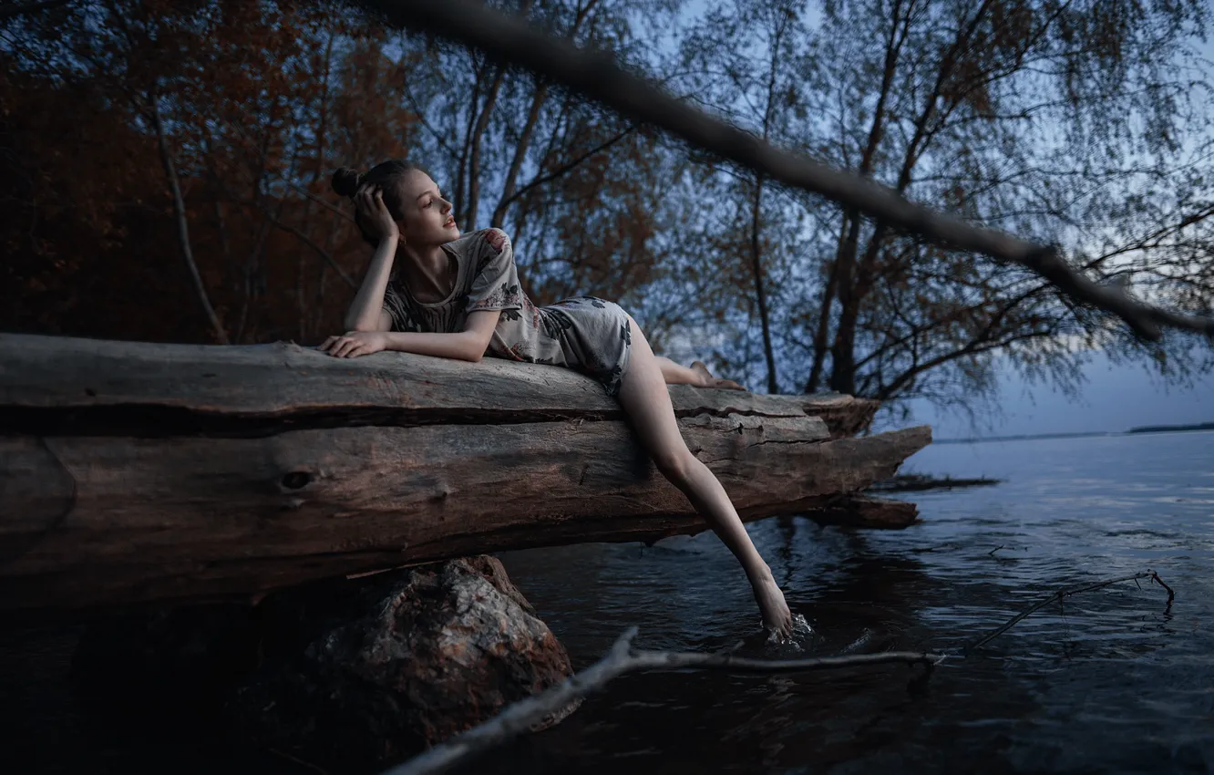 Wallpaper girl, twilight, photo, sunset, wood, photographer, lake ...