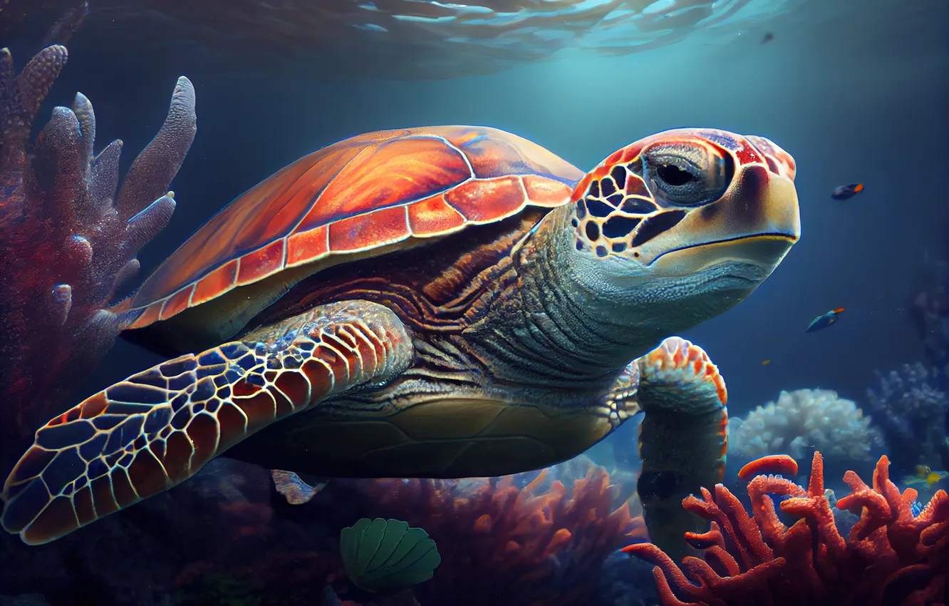 Wallpaper face, turtle, corals, underwater world, digital art, AI art ...