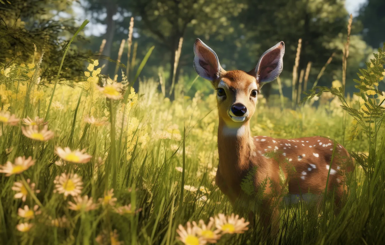Wallpaper field, summer, glade, deer, meadow, fawn, white-tailed deer ...