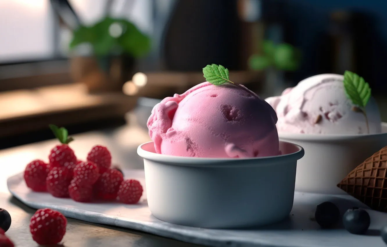 Wallpaper berries, raspberry, table, blueberries, ice cream, bowl, mint ...