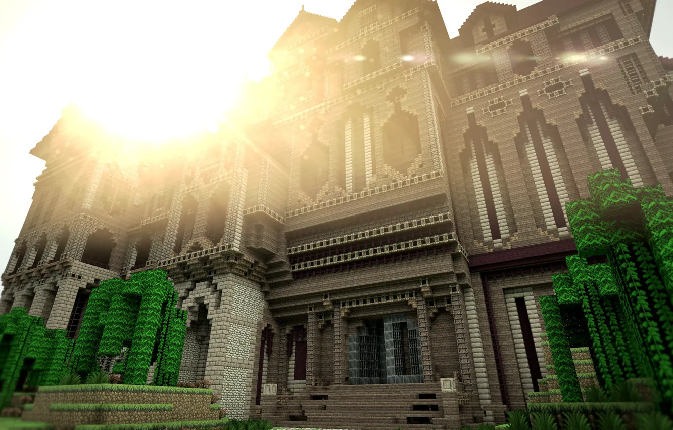 Wallpaper the sky, the sun, trees, building, minecraft for mobile and ...