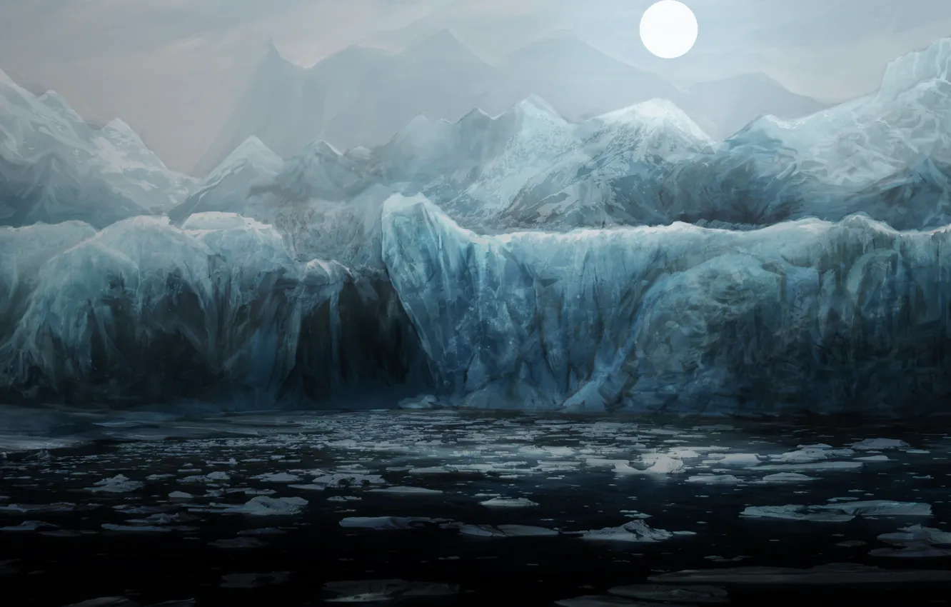 Wallpaper cold, sea, water, mountains, night, the ocean, the moon, ice ...
